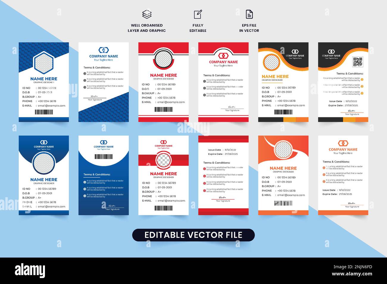 Minimal ID card design bundle with red and blue colors. Student and ...