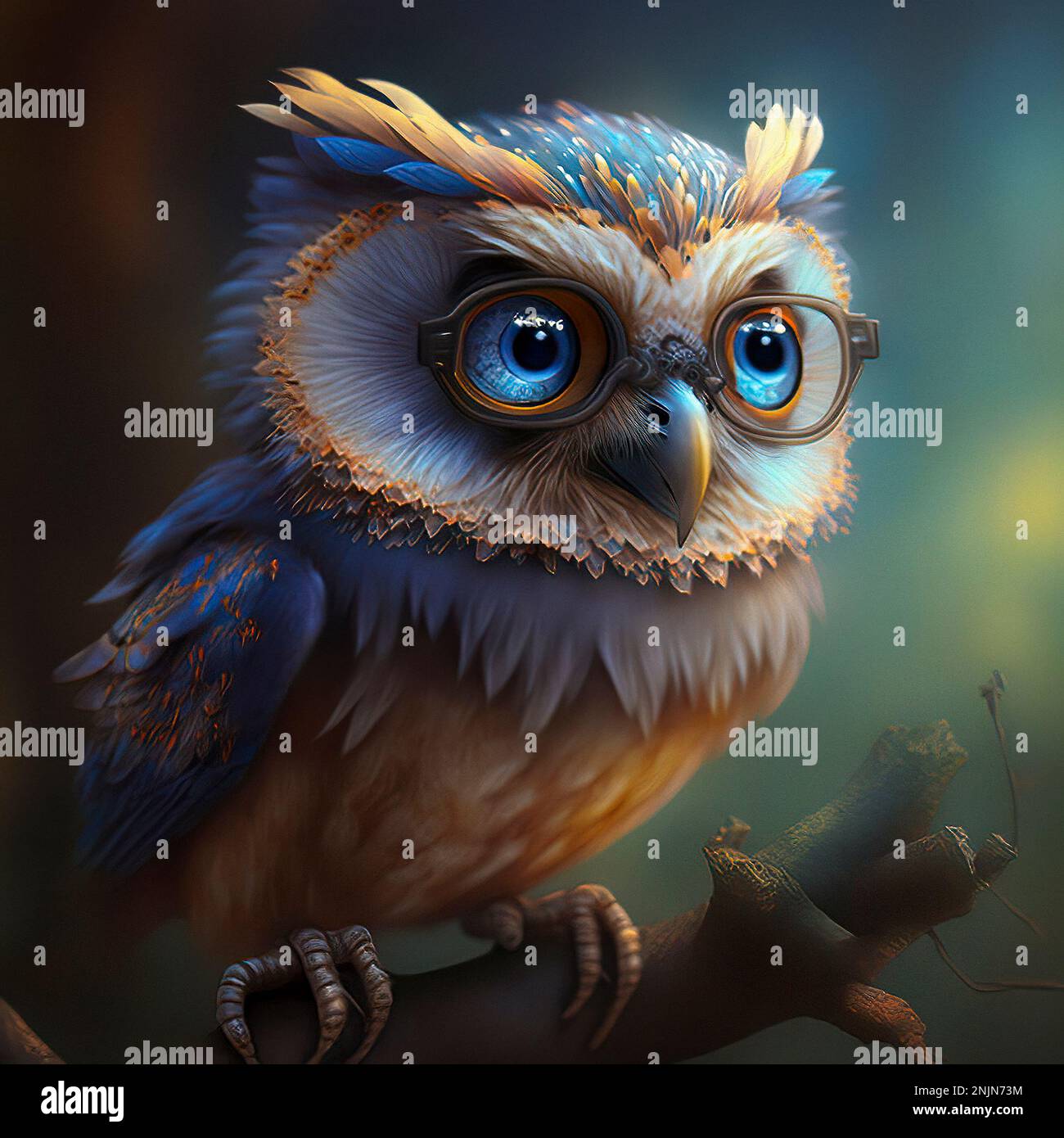 Fantasy Art Cute Little Owl with Glasses siting on a Tree Branch Stock Photo - Alamy
