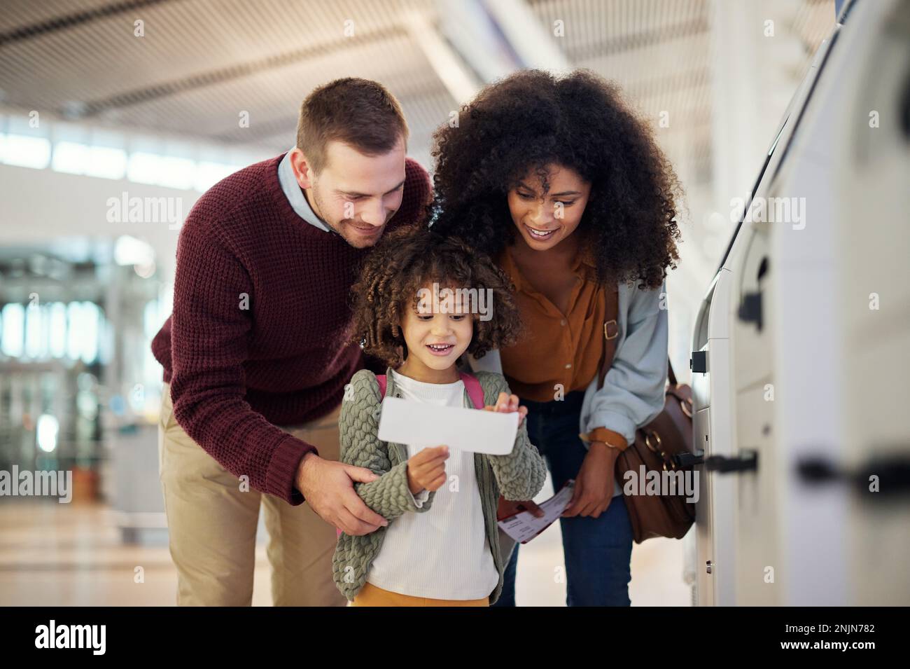 Airport ticket, happy family and child with flight booking, payment ...