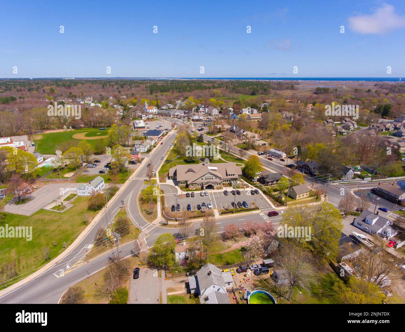 Salisbury town center aerial view including Town Hall, Town Common and ...