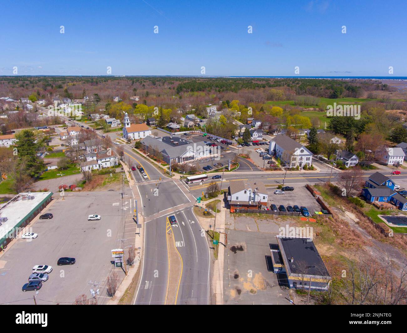 Salisbury town center aerial view including Town Hall, Town Common and ...