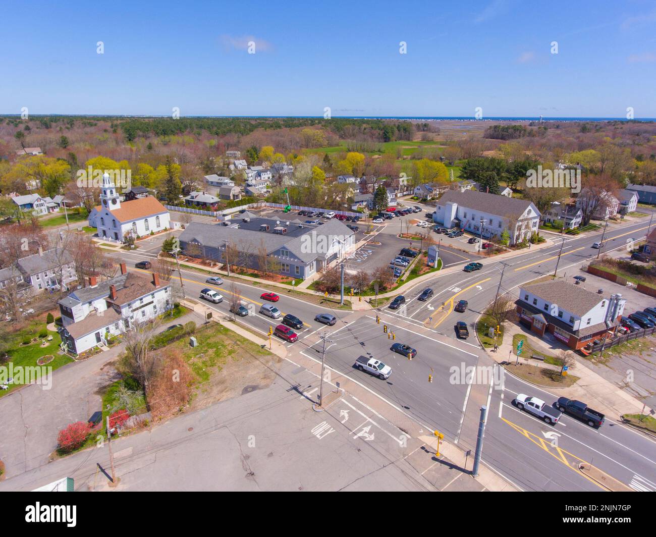 Salisbury town center aerial view including Town Hall, Town Common and ...