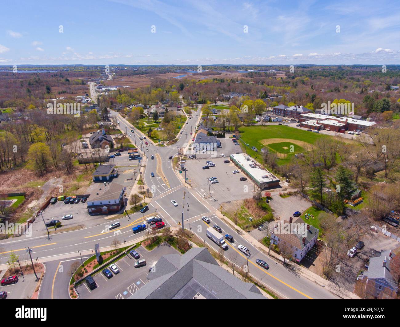 Salisbury town center aerial view including Town Hall, Town Common and ...