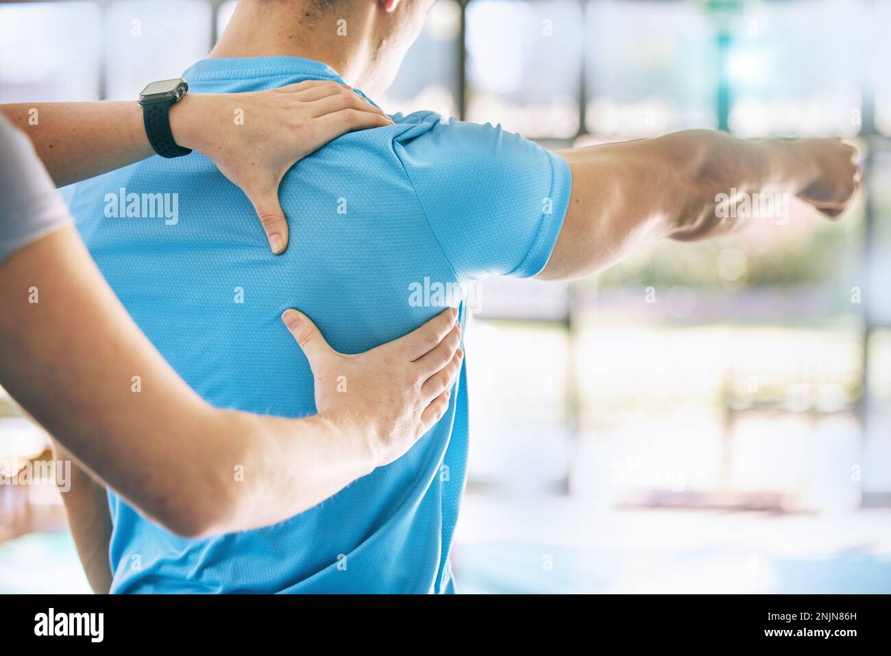 Exercise, stretching and hands of personal trainer with man for ...