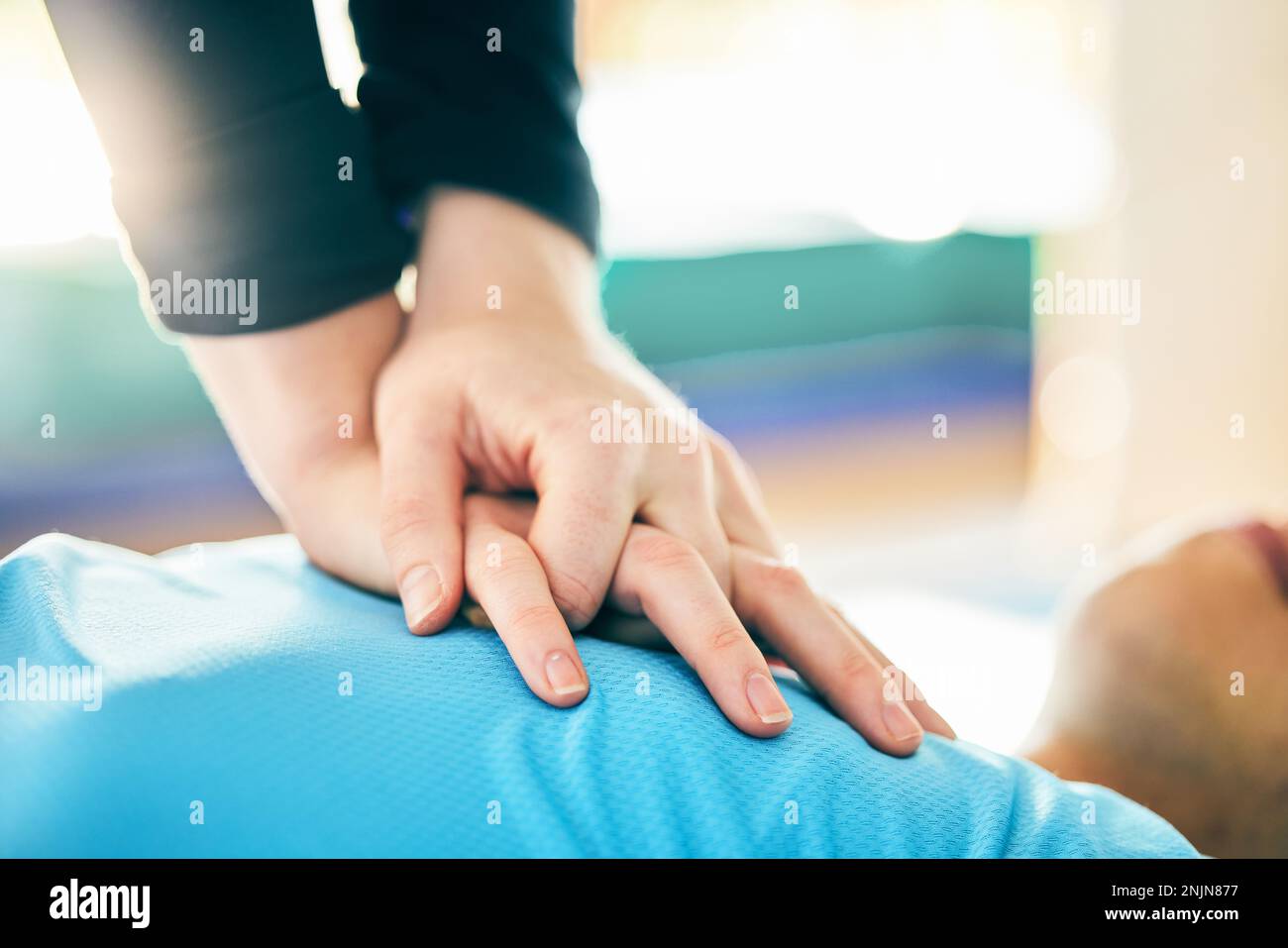 Cpr, first aid and healthcare with hands on chest of person for ...