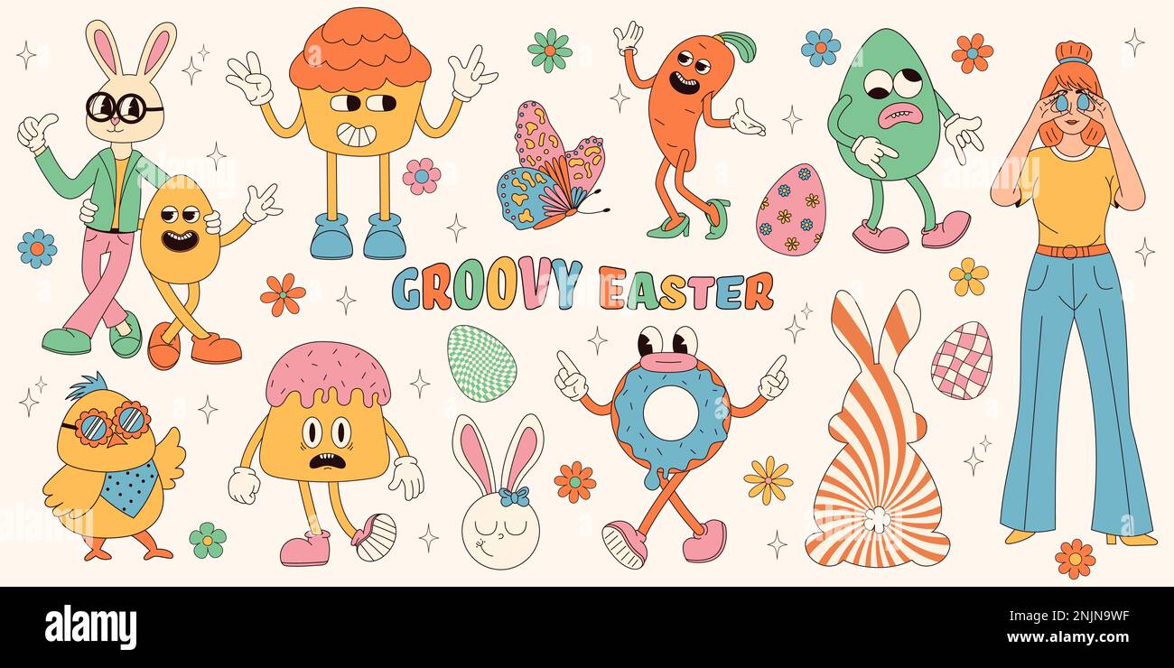 Groovy hippie Happy Easter set. Easter bunny, eggs, butterflies ...
