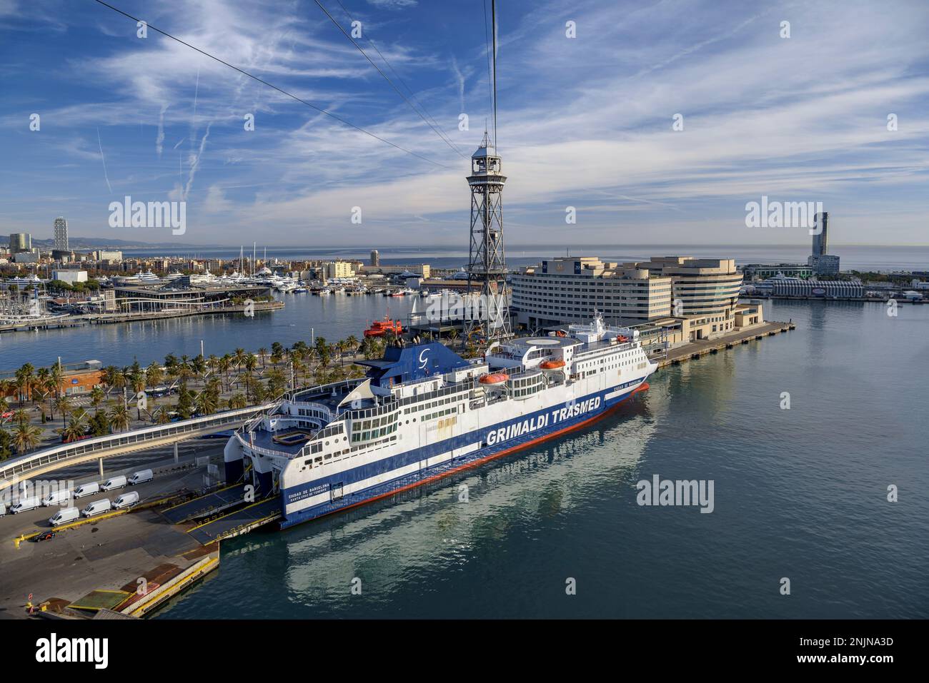 Old Harbor (Port Vell) of Barcelona seen from the port cable car on a ...