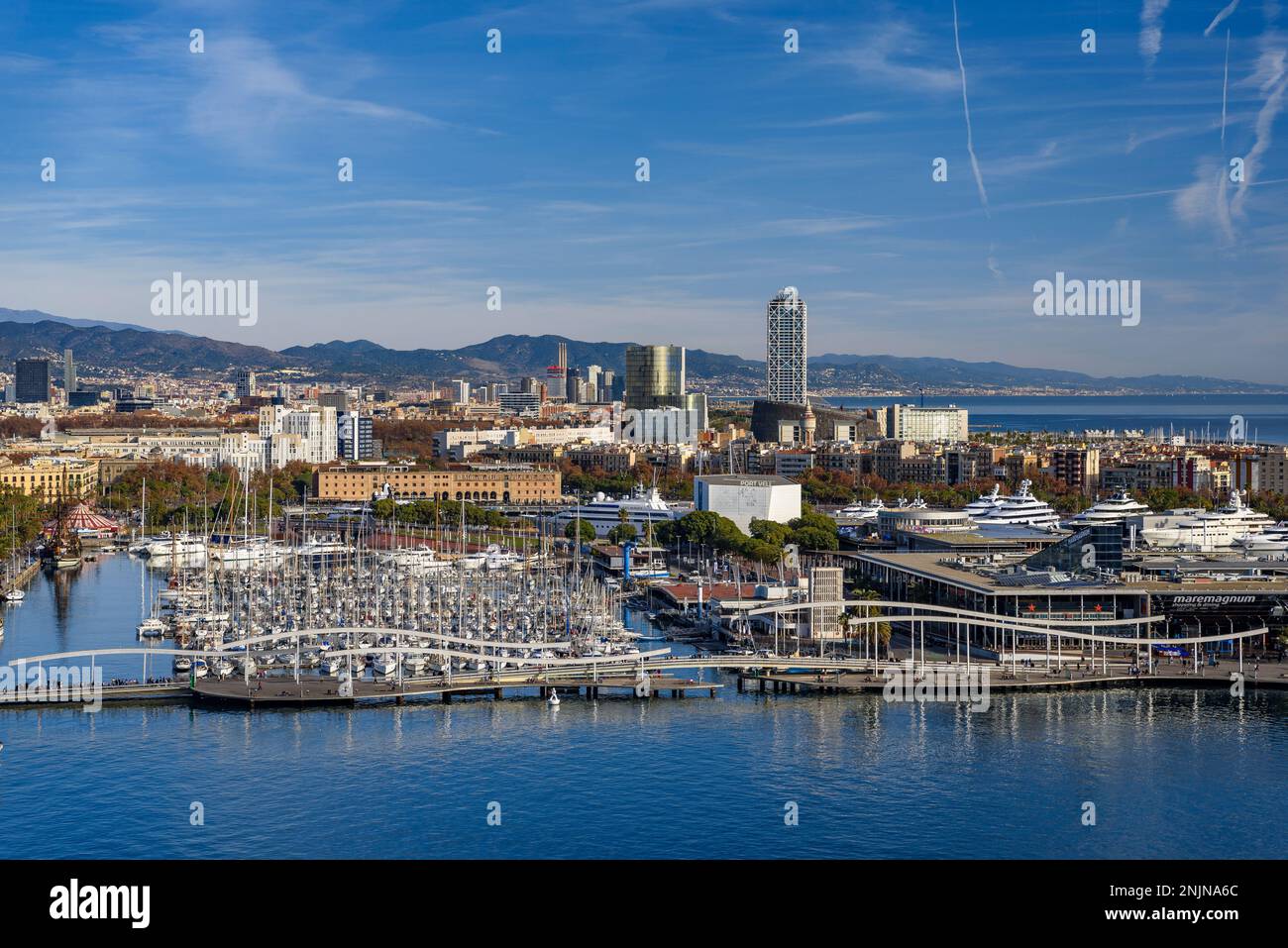 Old Harbor (Port Vell) of Barcelona seen from the port cable car on a ...