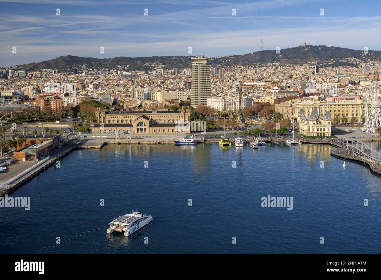 Old Harbor (Port Vell) of Barcelona seen from the port cable car on a ...