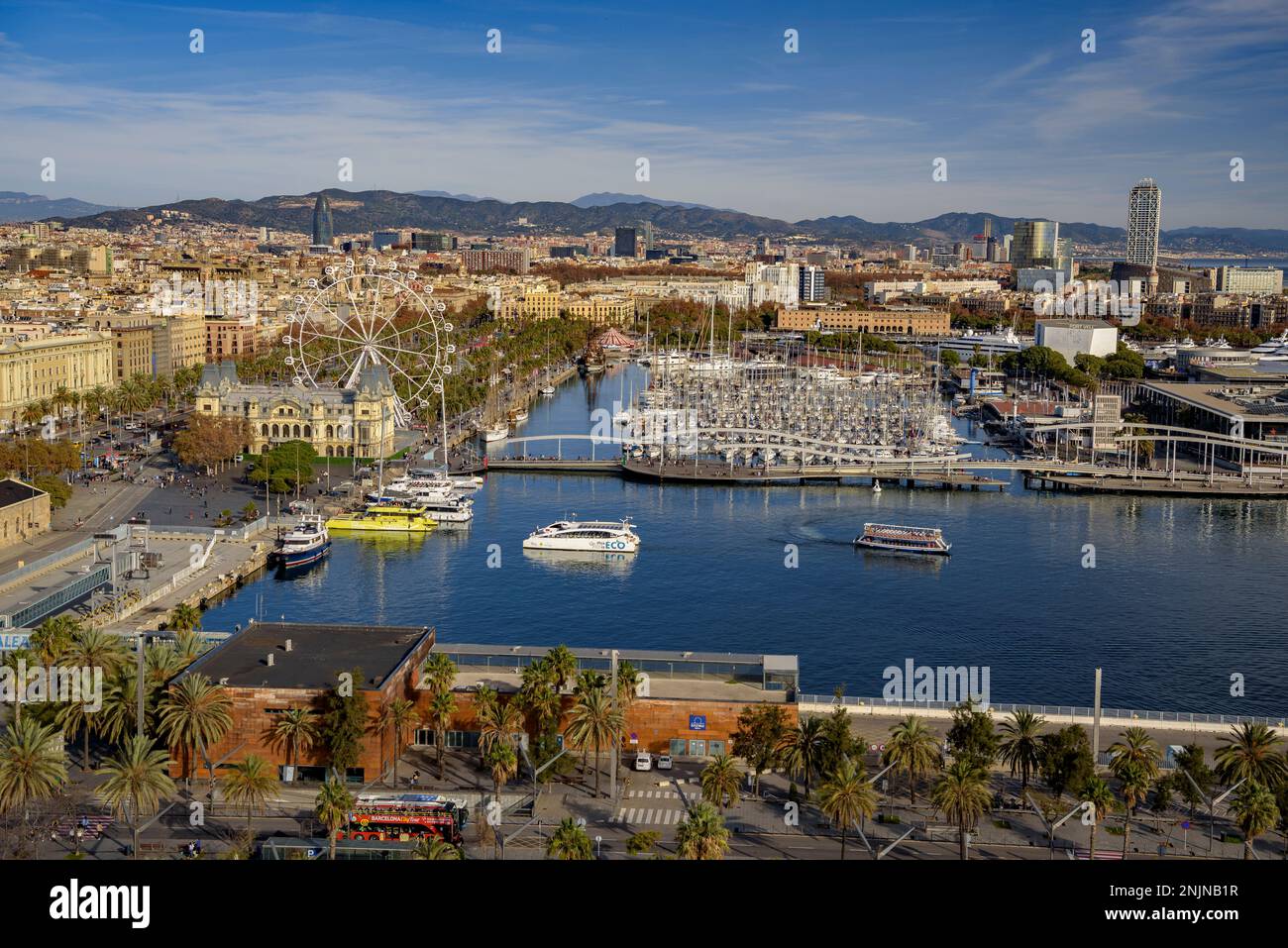 Old Harbor (Port Vell) of Barcelona seen from the port cable car on a ...