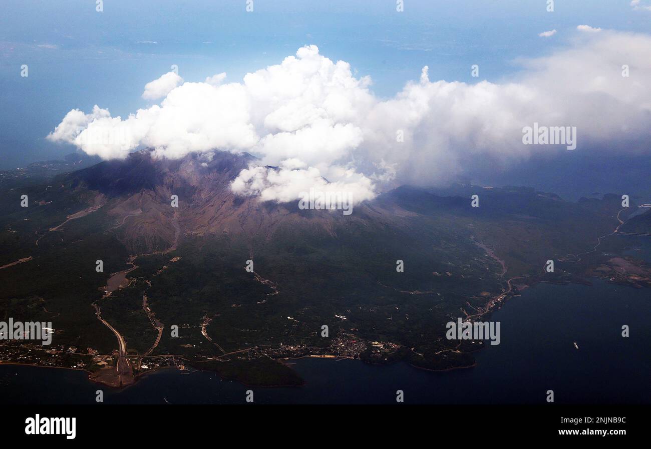 An aerial photo shows Sakurajima which has erupted in Kagoshima City ...