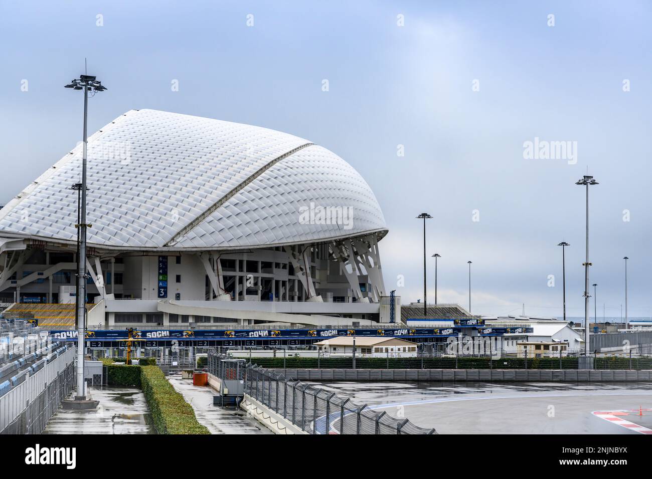 The main building and grandstand of the Formula 1 Stadium in Sochi ...