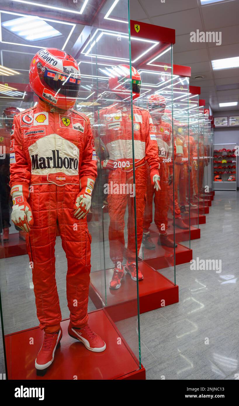 Costumes of Formula 1 racing pilots at the Automobile Museum in Adler ...