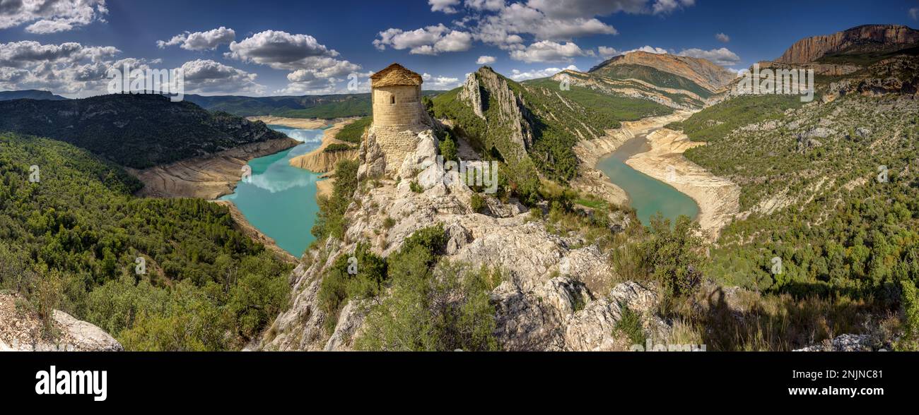 Panoramic of the Canelles reservoir with little water, seen from the ...
