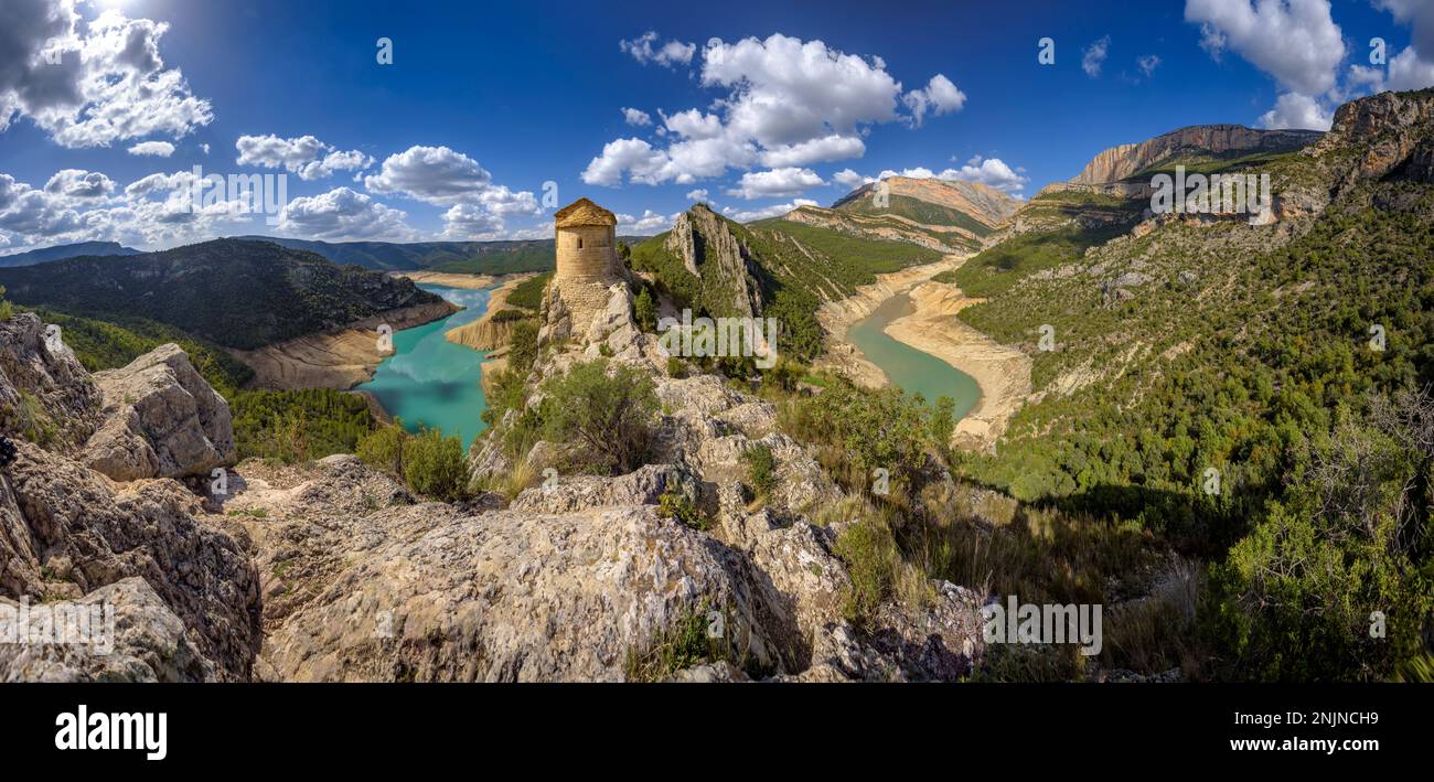 Panoramic of the Canelles reservoir with little water, seen from the ...