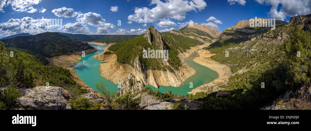 Panoramic of the Canelles reservoir with little water, seen from the ...
