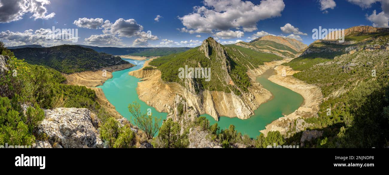 Panoramic of the Canelles reservoir with little water, seen from the ...