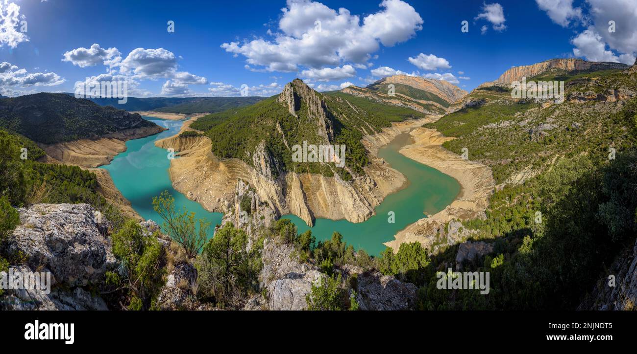 Panoramic of the Canelles reservoir with little water, seen from the ...