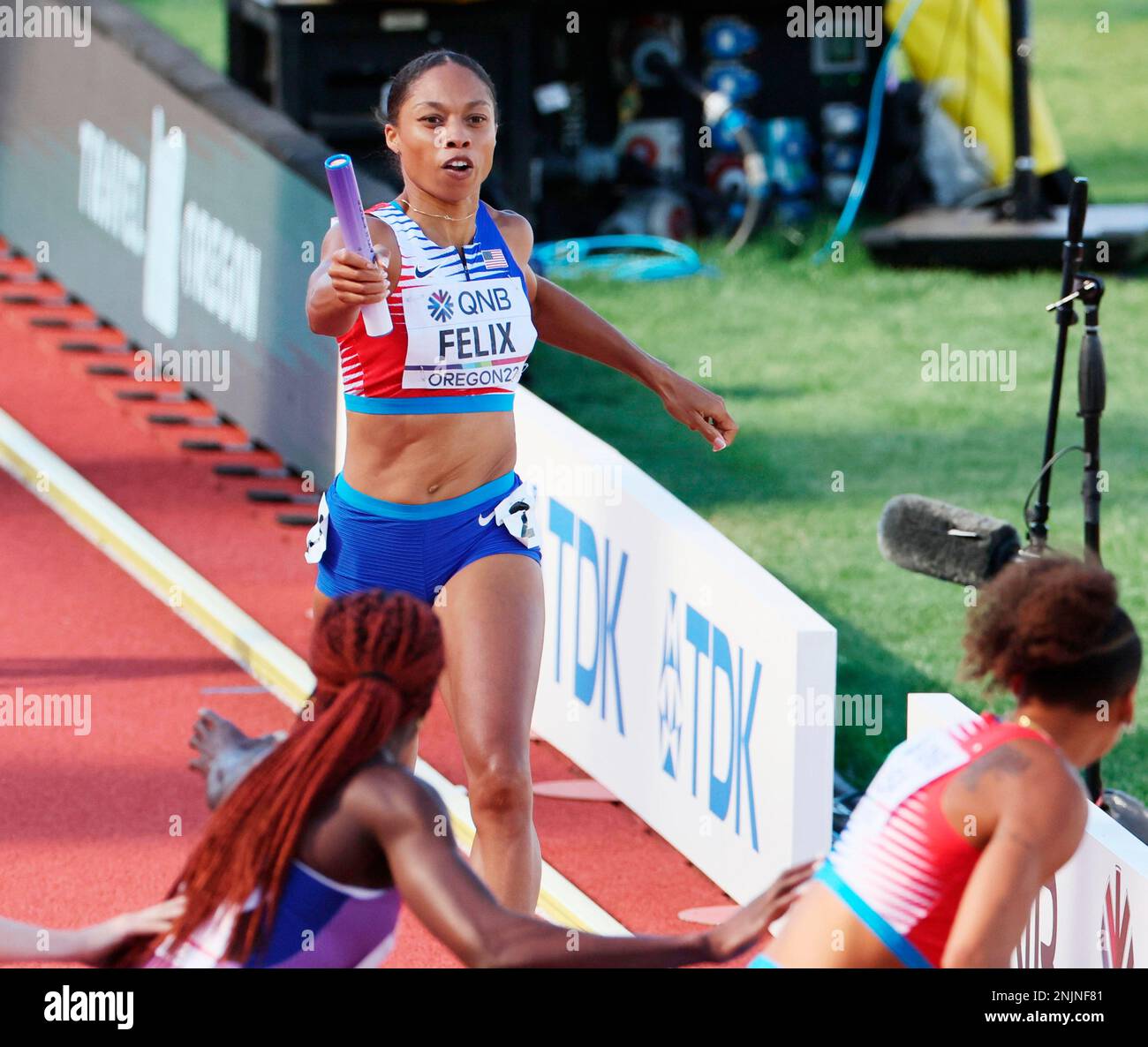 Allyson Felix of United States competes during 4x400 meters relay women ...