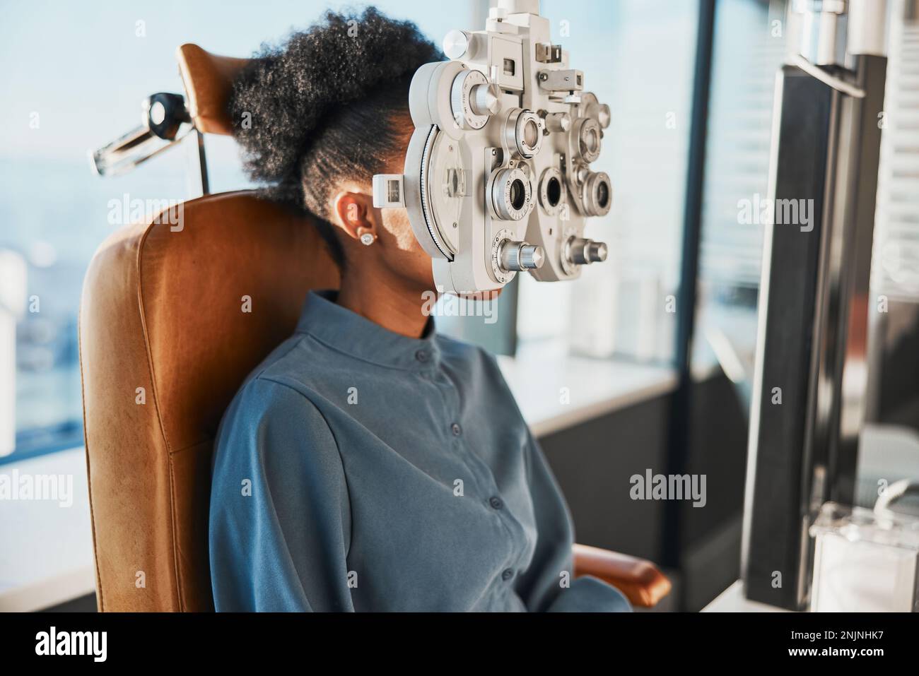 Healthcare test, eye exam and black woman in optometry clinic for ...