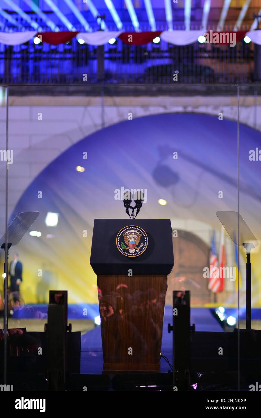 Warsaw, Poland. 21 February 2023. Rostrum for US President Joe Biden at ...