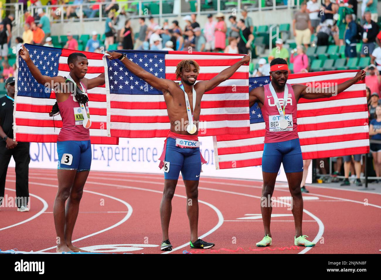 (L-R) Erriyon Knighton, Noah Lyles and Kenneth Bednarek of United ...