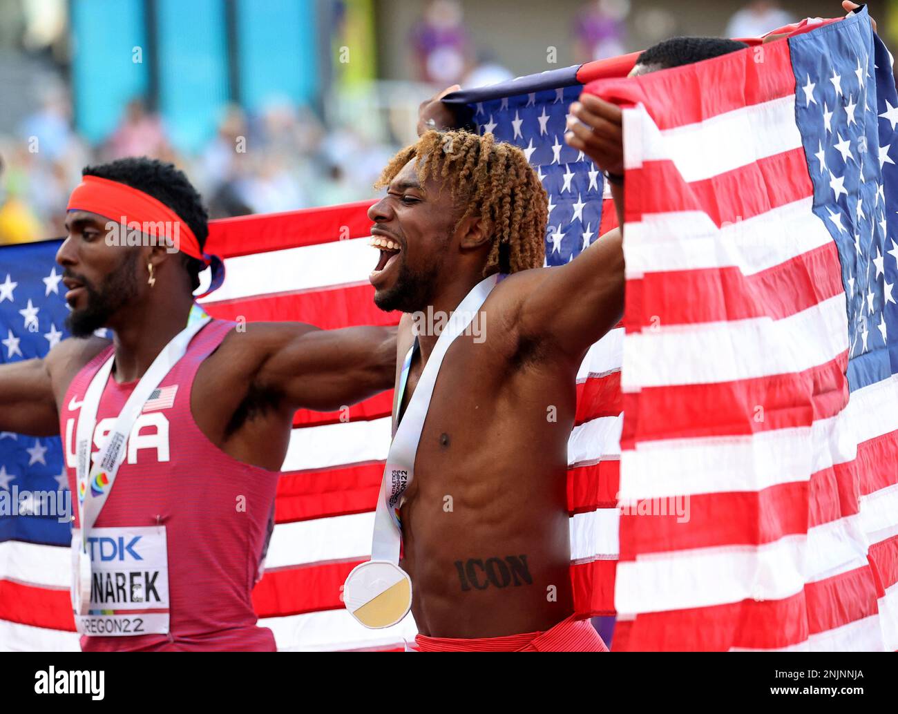 (L-R) Erriyon Knighton, Noah Lyles and Kenneth Bednarek of United ...