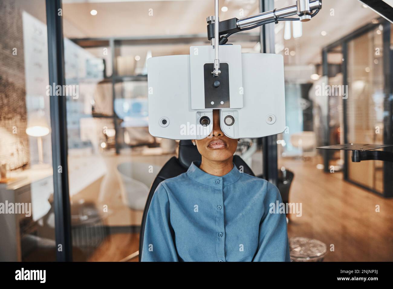 Optometry, eye exam and black woman for vision, healthcare test and ...