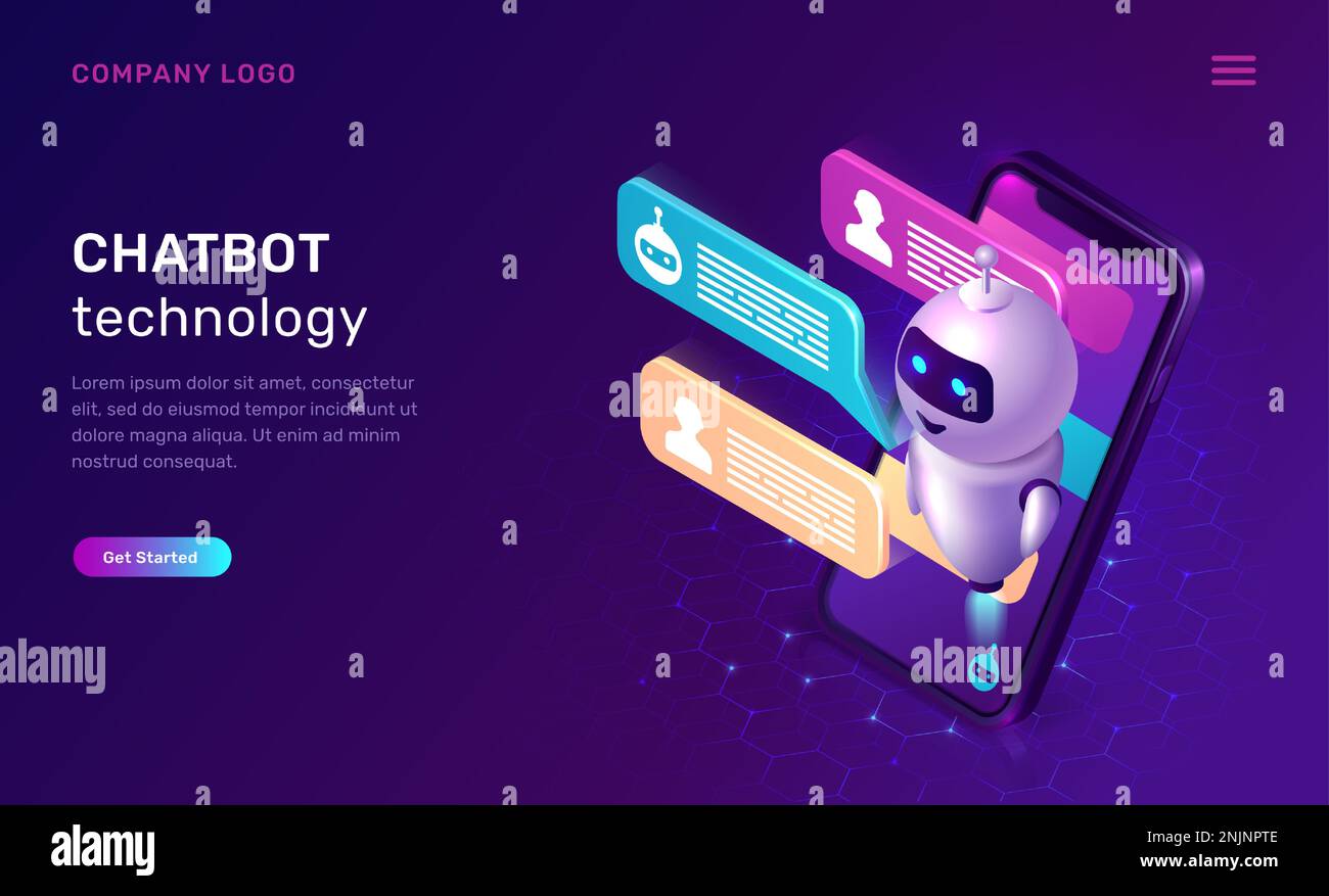 Chatbot technology, isometric concept vector illustration. Website landing page with mobile ...