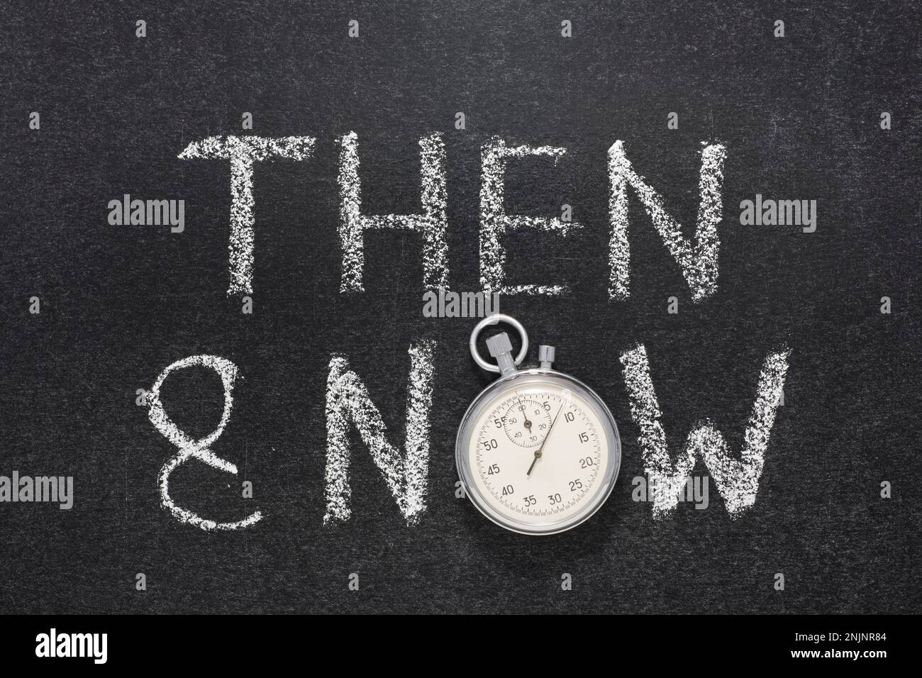 then and now phrase handwritten on chalkboard with vintage precise ...