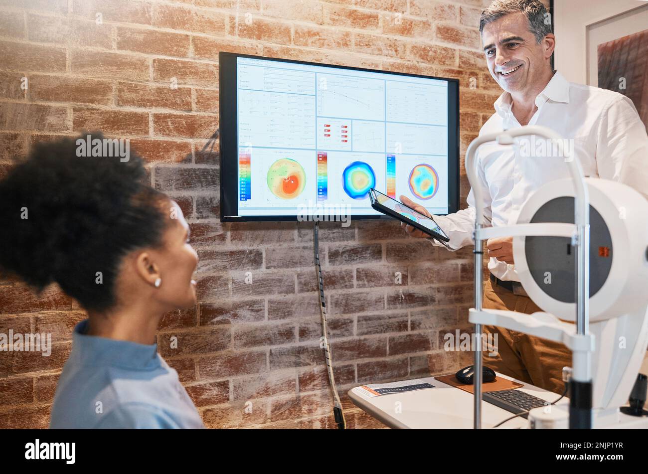 Eye exam, digital screen and optometrist with black woman for eyesight ...