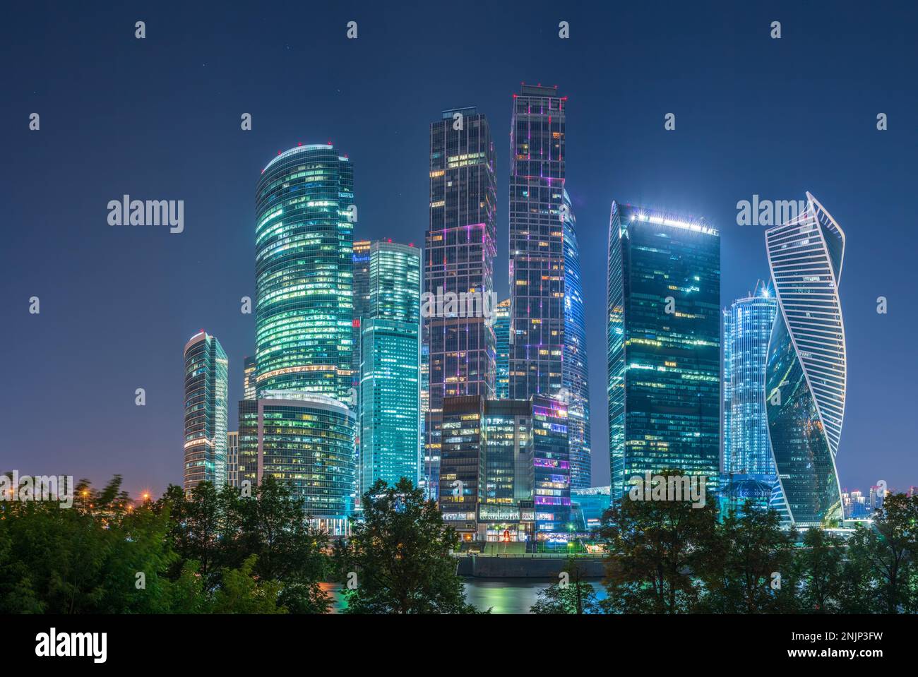 Moscow city at summer night. Modern skyscrapers in Moscow-city downtown ...