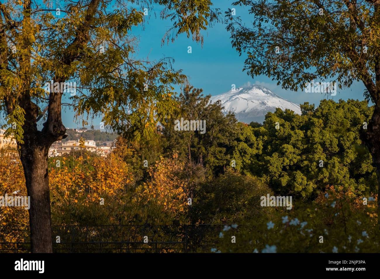 A view of Mount Etna from a public park in Catania named "Giardino ...