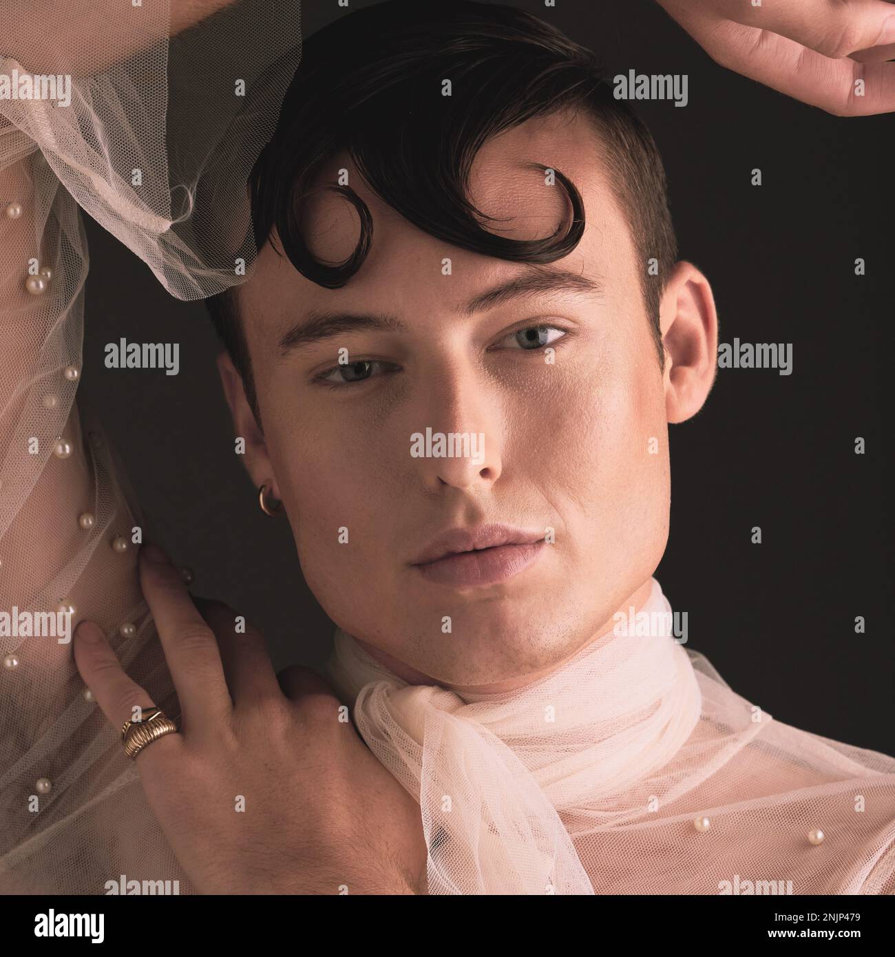 Portrait, non binary fashion and vintage aesthetic with designer ...