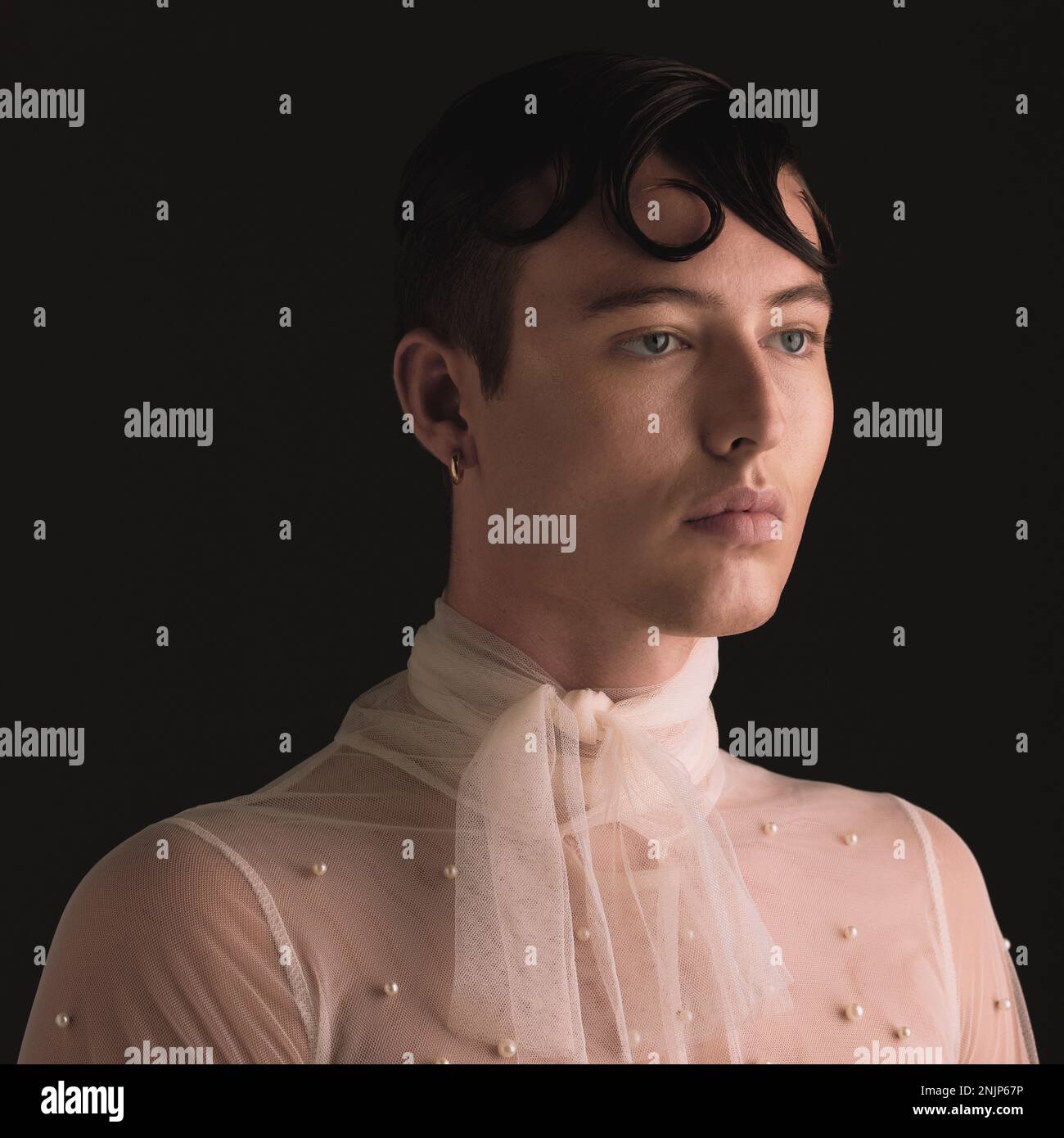 Gender neutral, fashion face and vintage aesthetic with designer ...