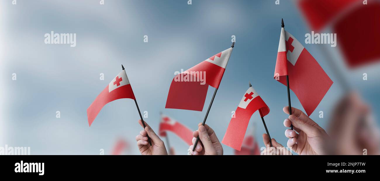 A group of people holding small flags of the Tonga in their hands Stock ...