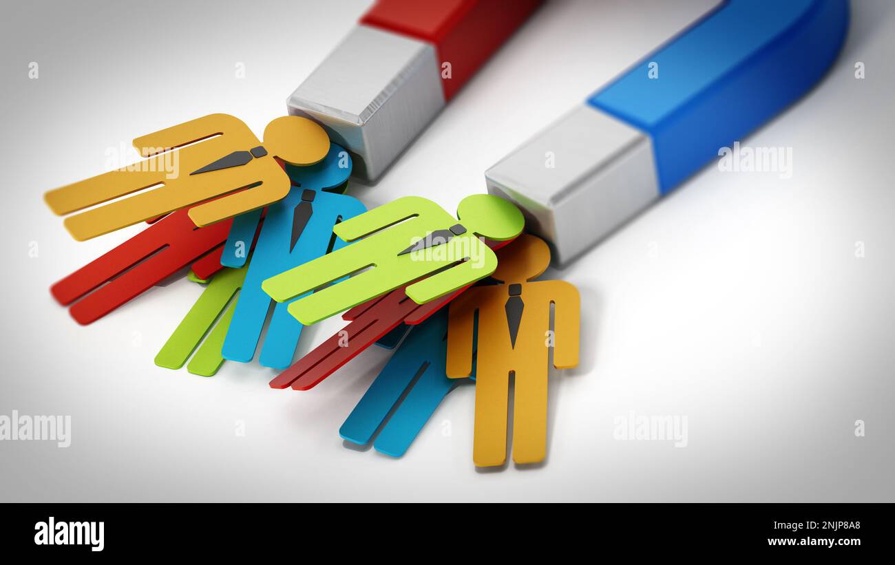 Horseshoe magnet pulling colored businessmen figures. Human resources ...