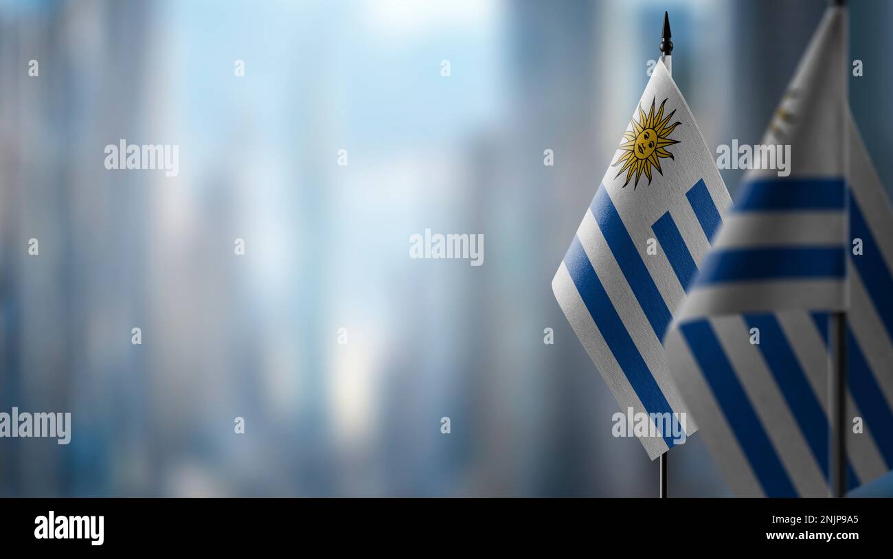 Small flags of the Uruguay on an abstract blurry background Stock Photo ...