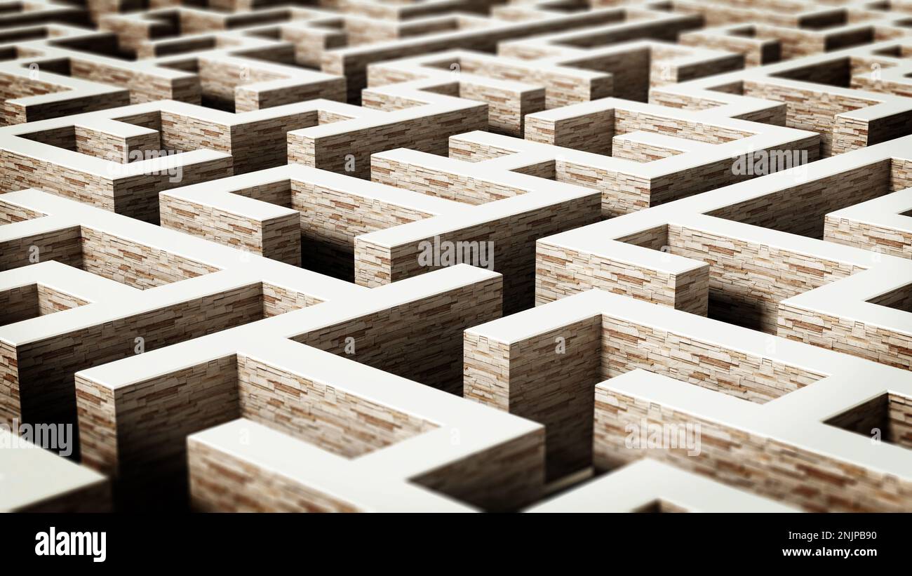 Labyrinth with stone walls. DOF effect. 3D illustration Stock Photo - Alamy