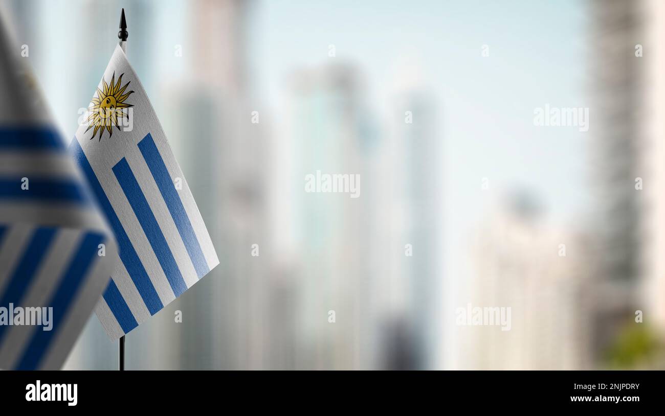 Small flags of the Uruguay on an abstract blurry background Stock Photo ...