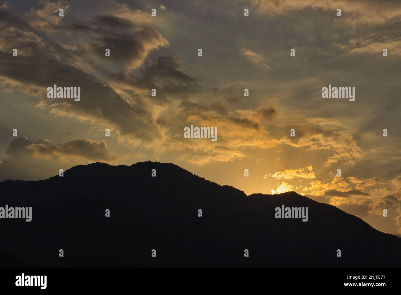 Sunset in the mountains on a hill chain of trees, the cloudy sky shines ...