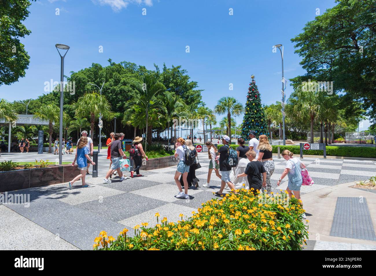 People walking along the Esplanade at Christmas time, Cairns, Far North ...