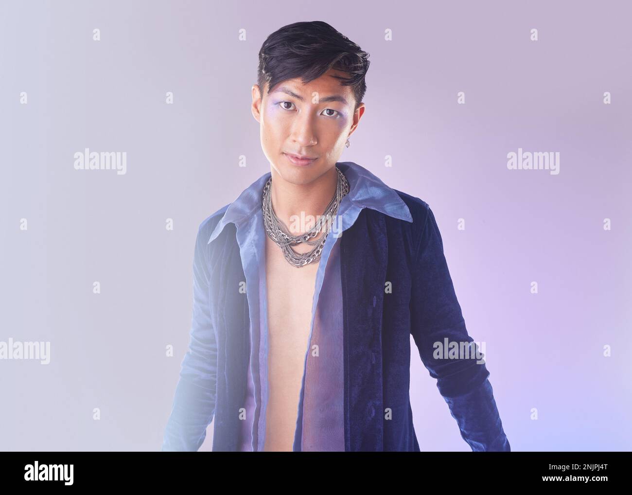 Art, makeup and lgbt portrait of man in Indonesia, gen z person ...