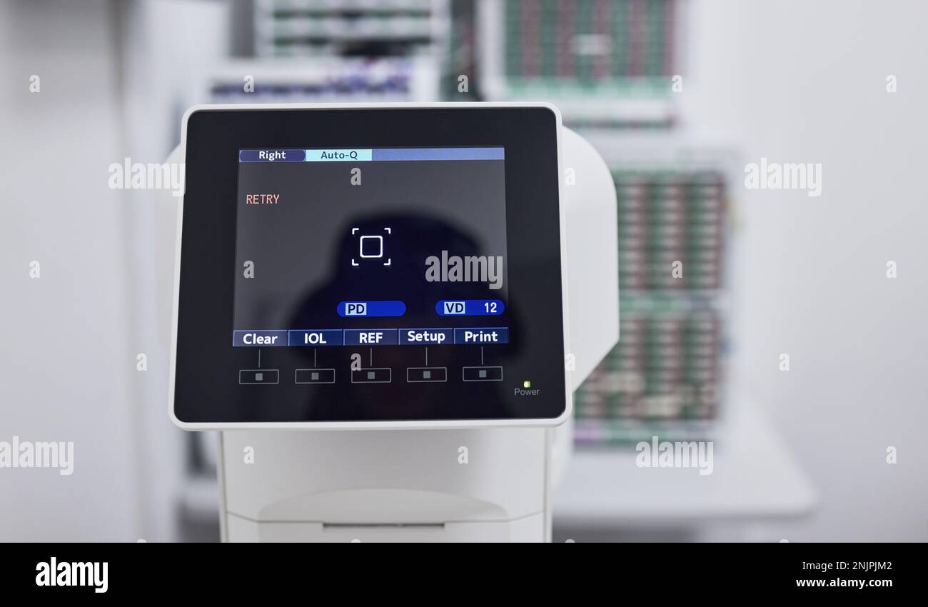 Optometry, healthcare and digital screen for eye exam with machine for ...