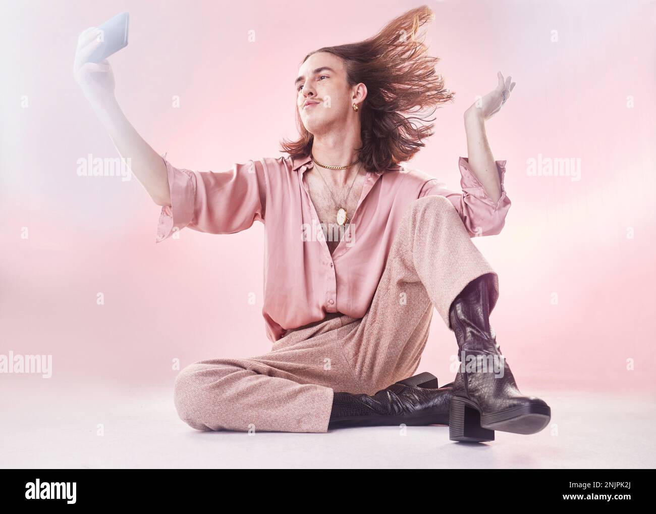 Gen z, man and selfie in studio for fashion, edgy and contemporary ...