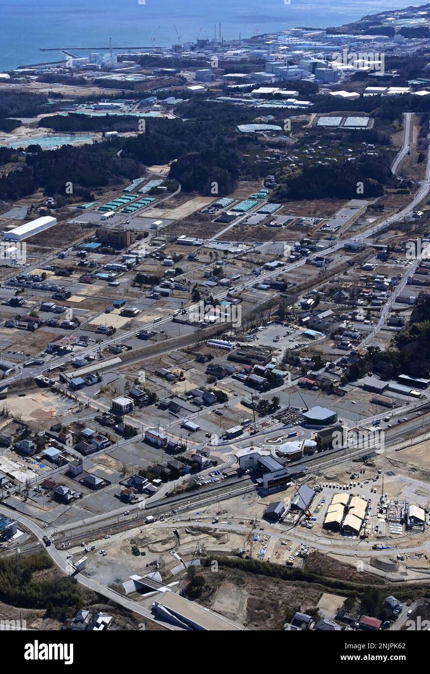 An aerial photo shows JR Futaba Station and surroundings in Futaba Town ...