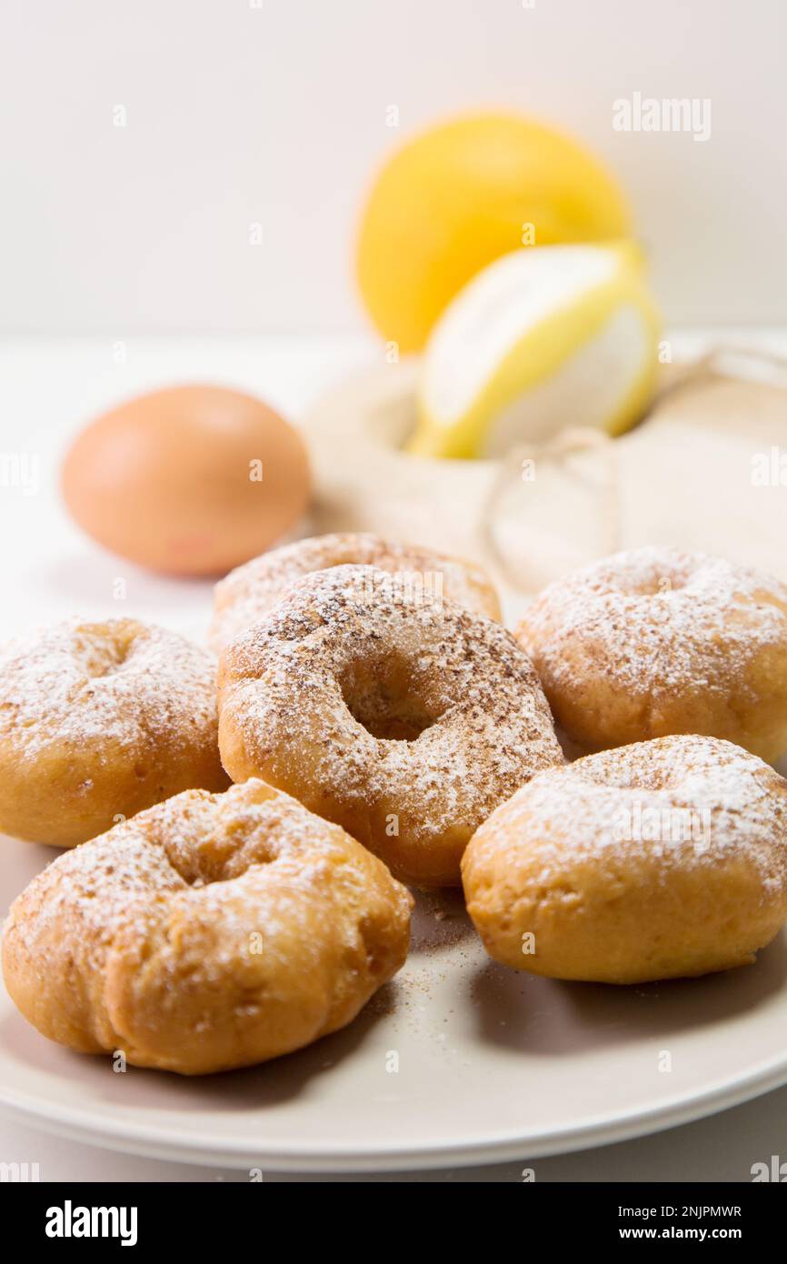 Traditional Spanish fried donuts made with lemon and cinnamon Stock ...