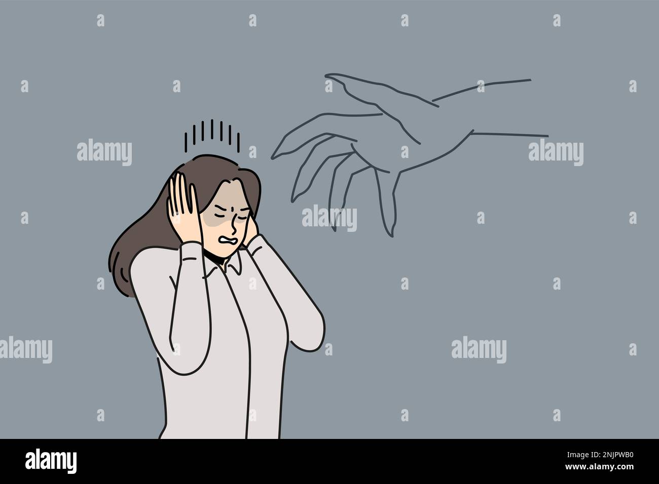 Huge monster hand stalk stressed businesswoman in fear and depression ...