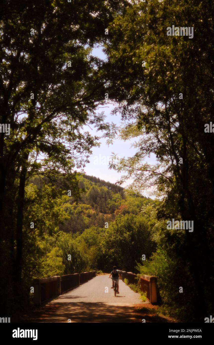Cyclisy crossing old railway bridge over the Lot river, Douelle, Lot ...