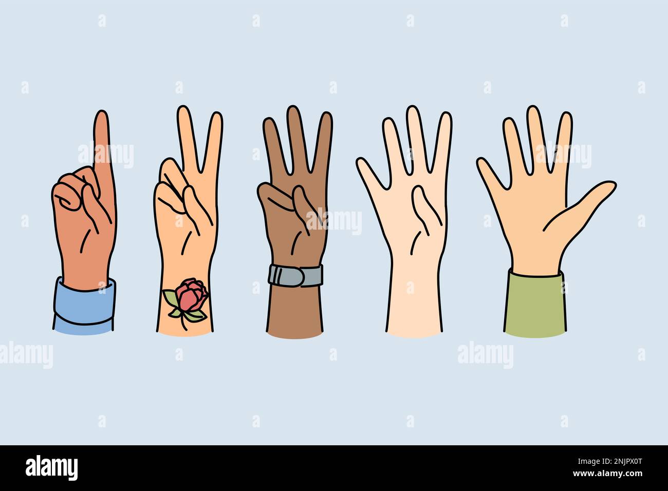 Closeup of diverse people hands showing number by gesture. Multiracial ...